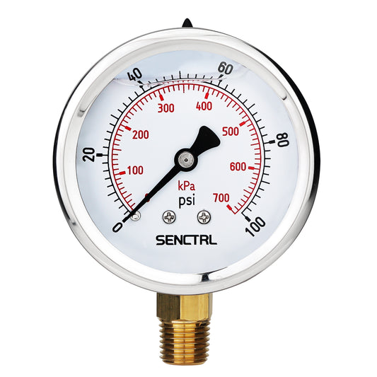 SENCTRL, 0-100 Psi Glycerine Filled Pressure Gauge, 1/4" NPT(M), Lower Mount, 2-1/2"Stainless ...