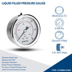 0-60 Psi Glycerine Filled Pressure Gauge, 1/4" NPT, 2.5" Dial, Back Mo – Senctrl