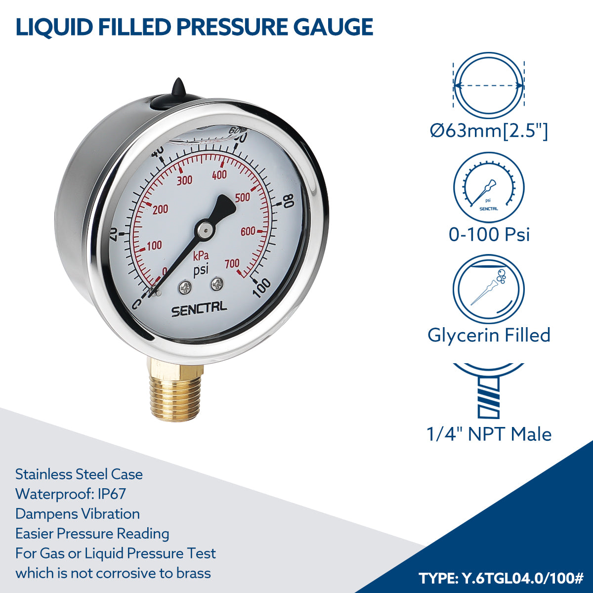 SENCTRL, 0-100 Psi Glycerine Filled Pressure Gauge, 1/4" NPT(M), Lower Mount, 2-1/2"Stainless ...