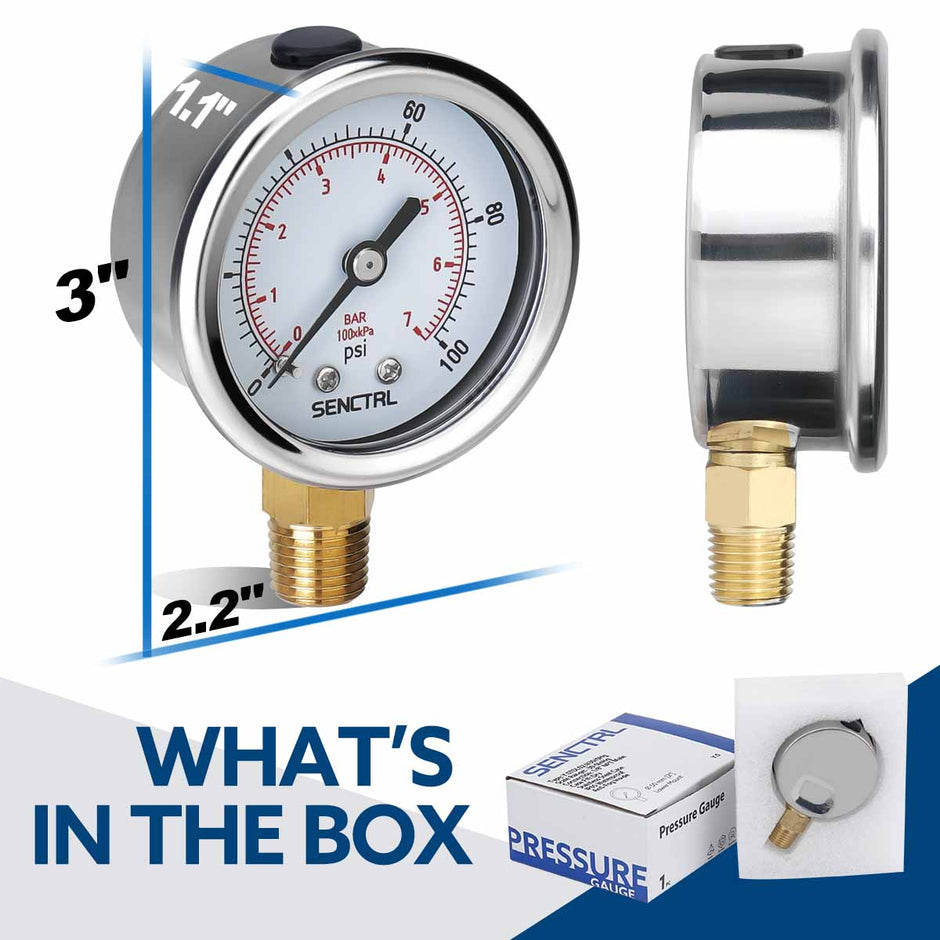 SENCTRL 0-100 Psi PRV-Tex Pressure Gauge, 1/4" NPT(M), Lower Mount, 2 ...