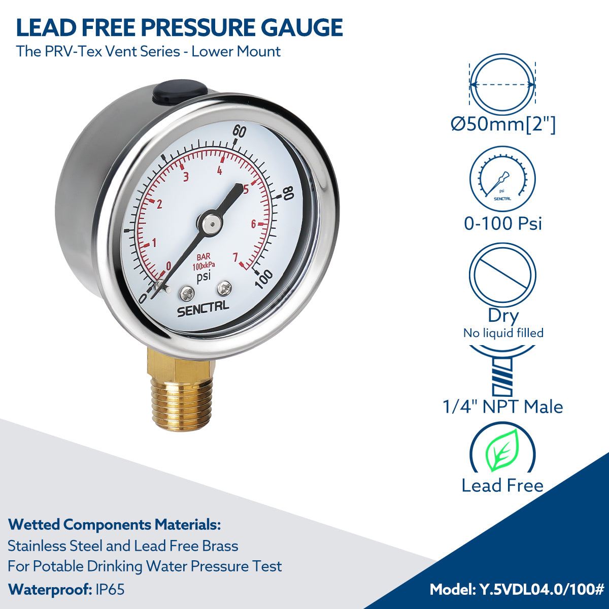 SENCTRL 0-100 Psi PRV-Tex Pressure Gauge, 1/4" NPT(M), Lower Mount, 2 ...